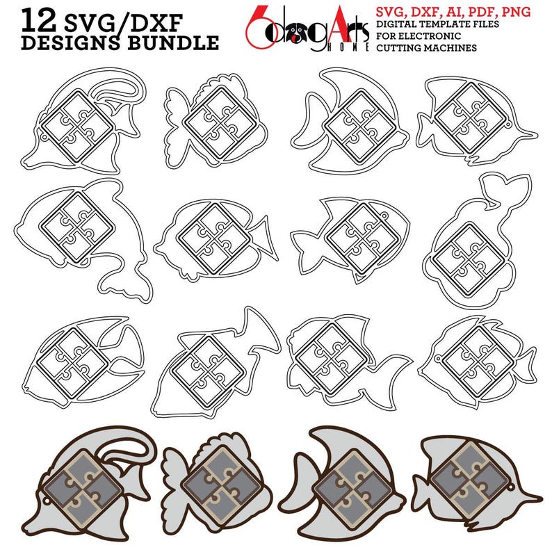 12 Fish Puzzle Tray SVG DXF Templates Bundle Digital Files Download for ...