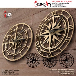 3x Compass Rose Wall Clock SVG DXF Templates Digital Vector Files ...
