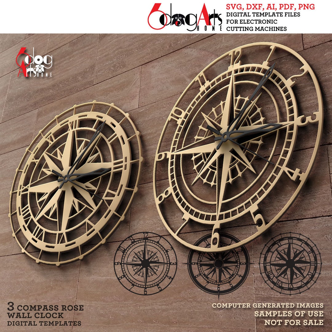 3x Compass Rose Wall Clock SVG DXF Templates Digital Vector Files ...