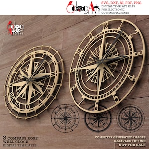 3x Compass Rose Wall Clock SVG DXF Templates Digital Vector Files ...