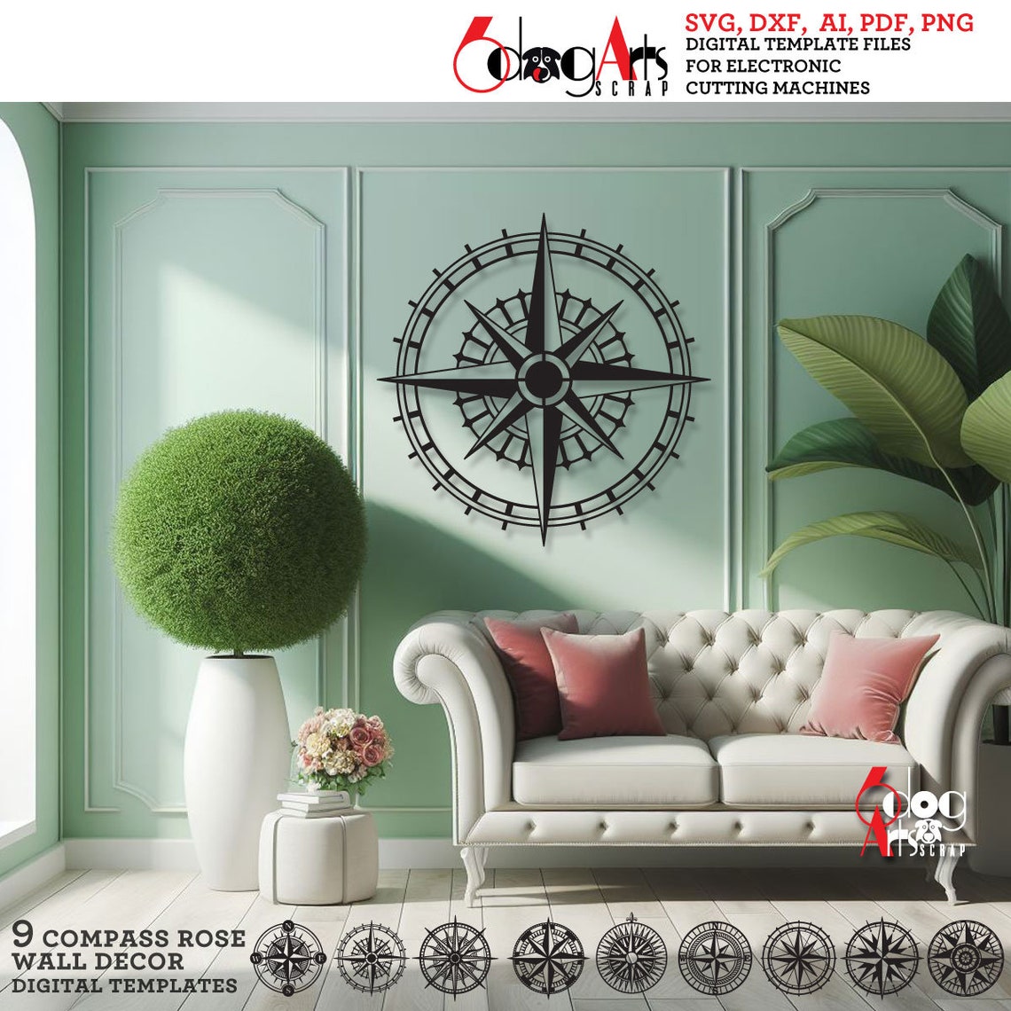 9x Compass Rose Wall Decor SVG DXF Templates Digital Vector Files ...