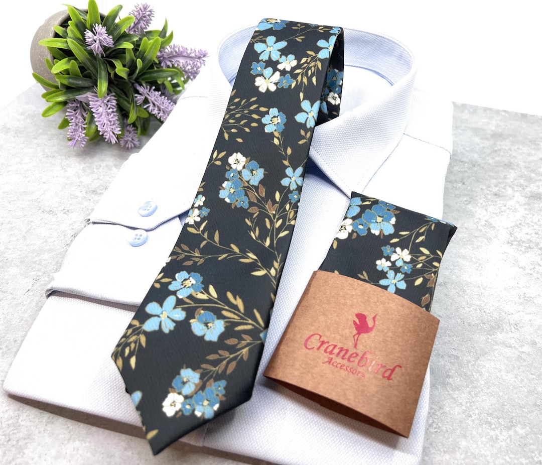 Dusty Blue & Muted Gold Floral Slim Necktie on Deep Navy Background ...