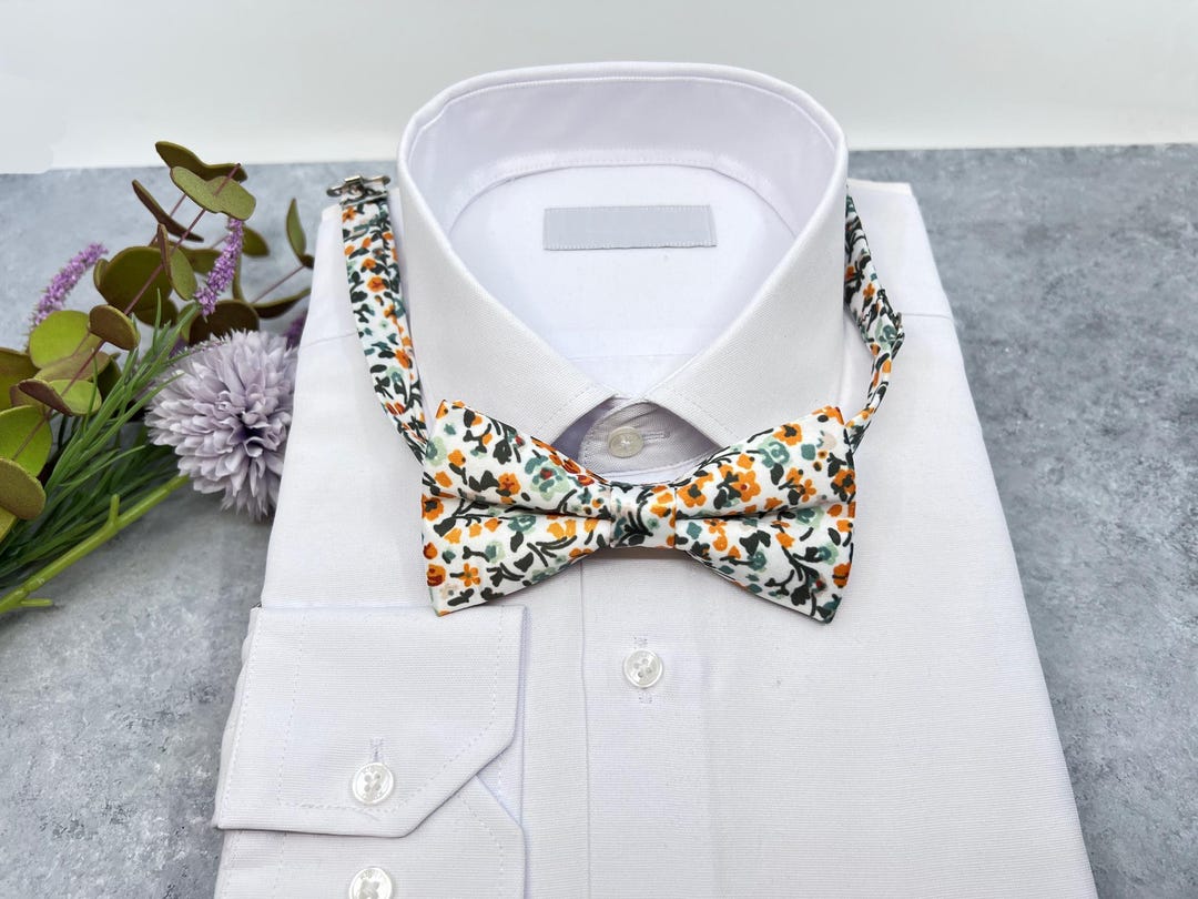 Burnt Orange and Muted Sage Green Floral Bow Tie on Ecru Background ...
