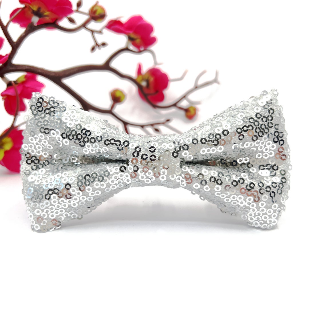 Silver Sequin Bow Tie, Silver Bow Tie, Wedding Bow Tie, Groom Bow Tie, Ring Bearer, Bow Tie for ...