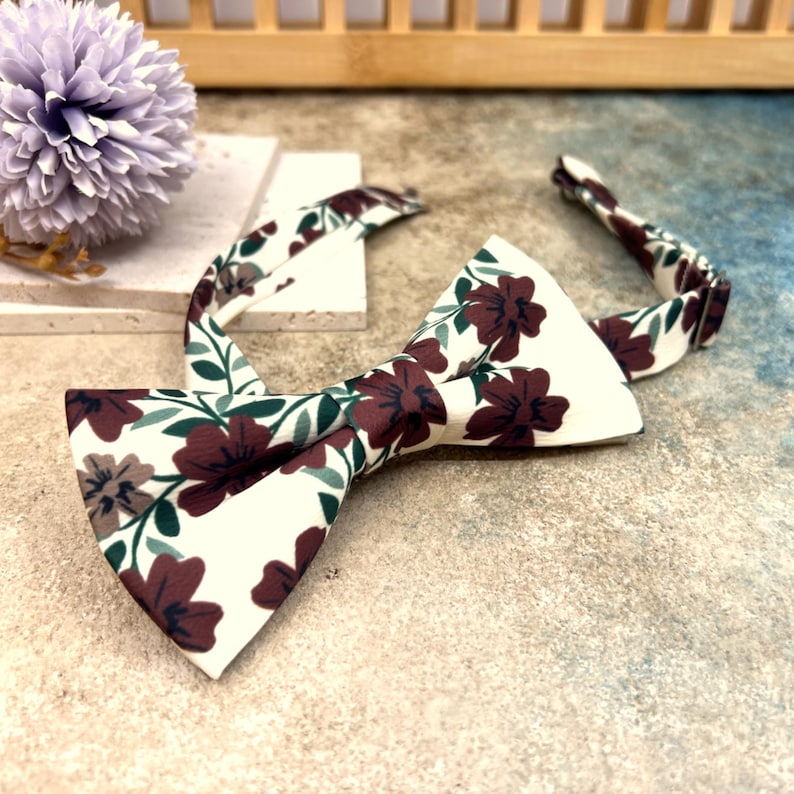 Congo Brown Floral Slim Necktie, Muted Sage Green Wedding Tie on Ecru ...