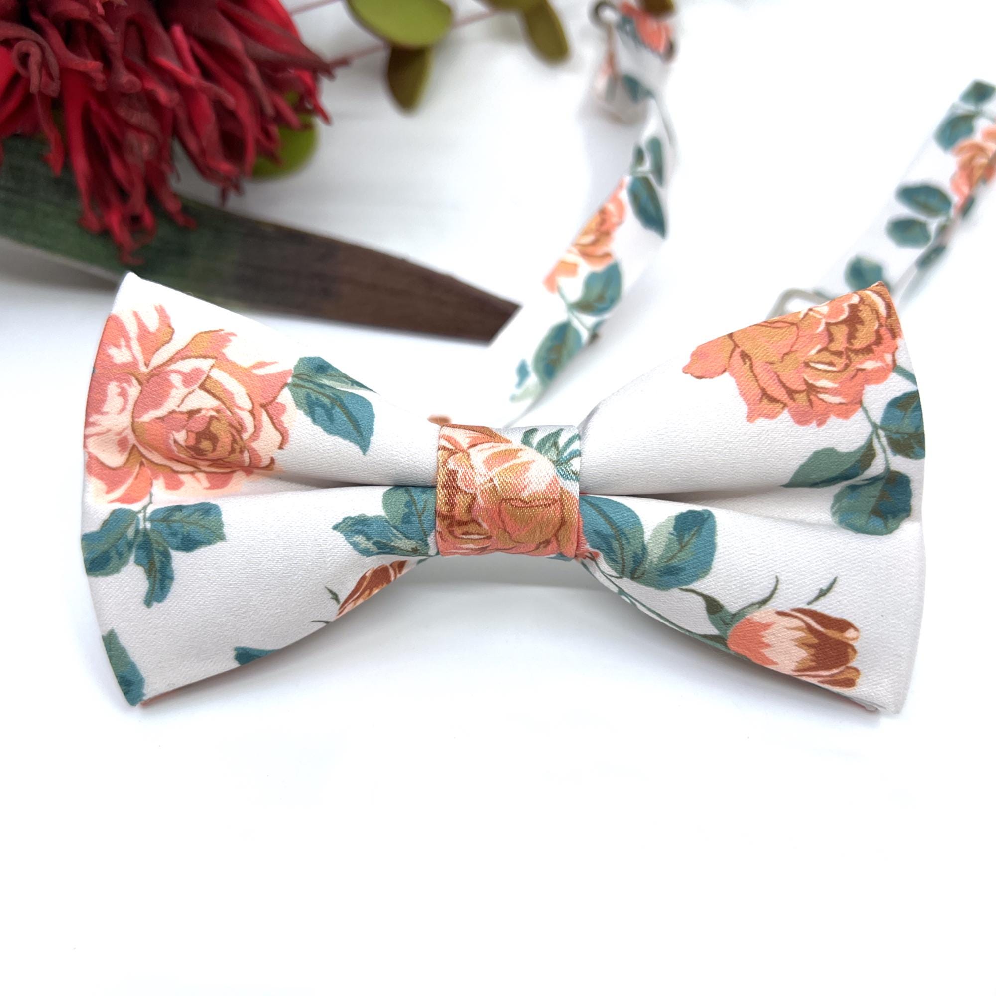 Peach Pink Floral Necktie on Ecru, Wedding Tie for Groom and Groomsmen ...