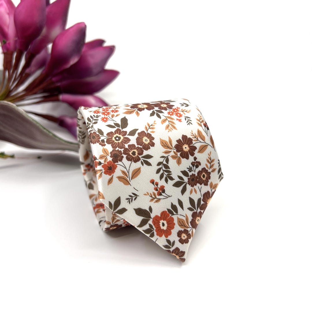 Burnt Orange Floral Tie, Brown Rust Tie, Ecru Background Tie, Slim ...