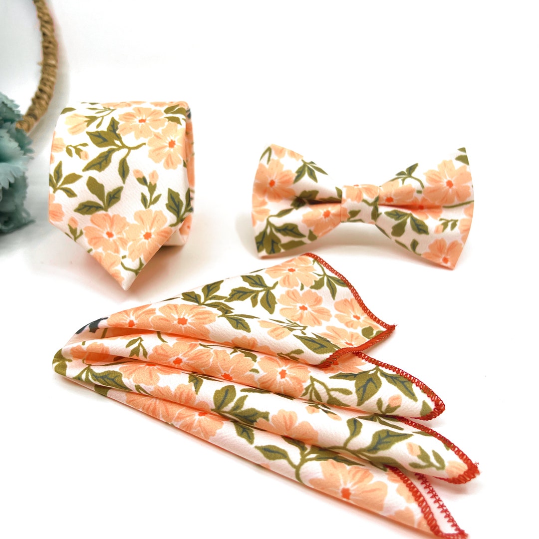 Ecru Necktie With Peach and Light Salmon Floral Design, Wedding Tie for ...