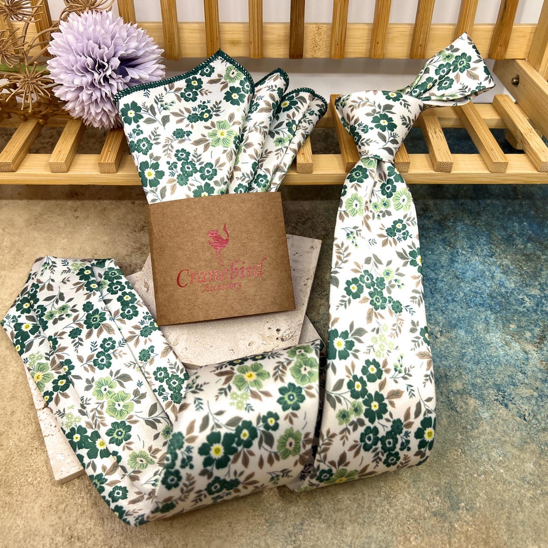 Muted Sage Green & Muted Deep Green Floral Slim Necktie on Ecru ...