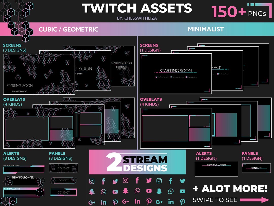 Stream Packages | Pink & Turquoise ( Twitch / Youtube / Facebook ) CUBIC + MINIMALIST Packages ...