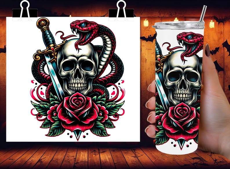 3D Skull Halloween Tumbler Wrap, Skull and Black Roses, Red Roses ...