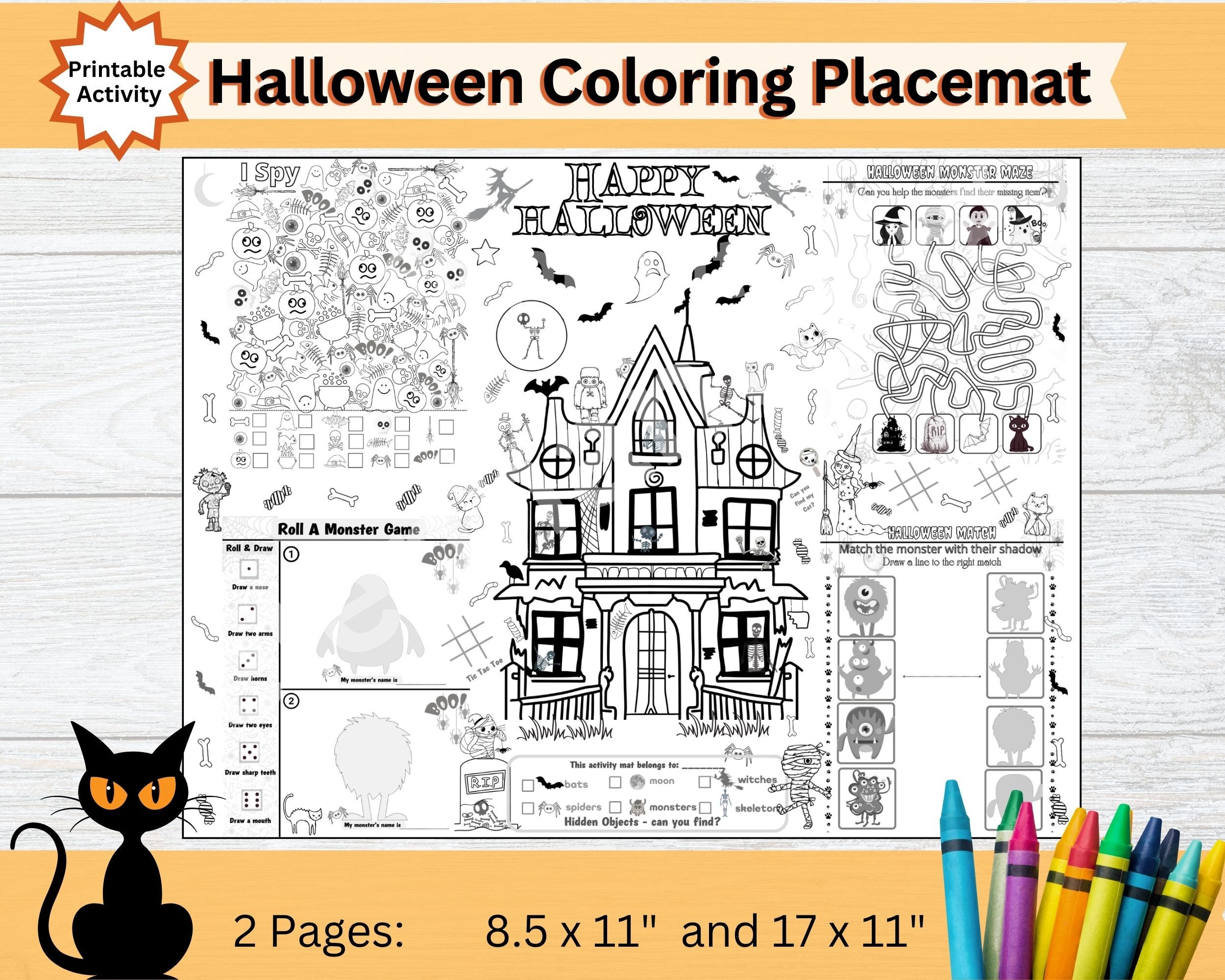 Halloween Coloring Page Halloween Activity Placemat - Etsy