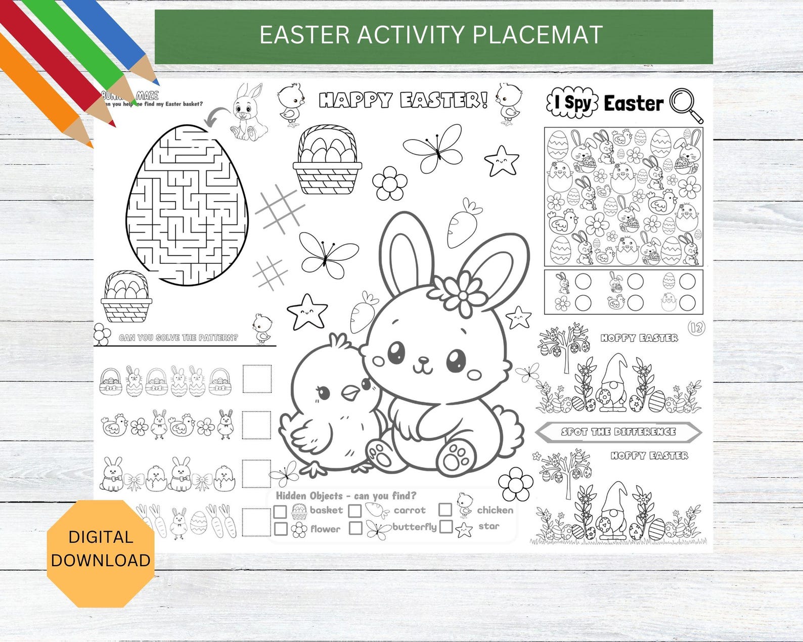 Easter Activity Placemat, Coloring Page, Printable Easter Game, Kids ...