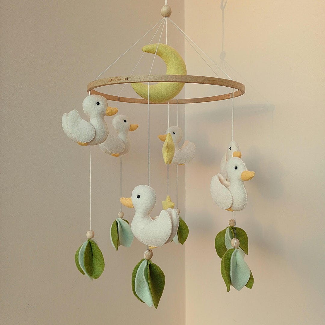 Ducks Baby Mobile. Felt Moon, Stars, Leaves Hanging Crib Toys. Neutral ...