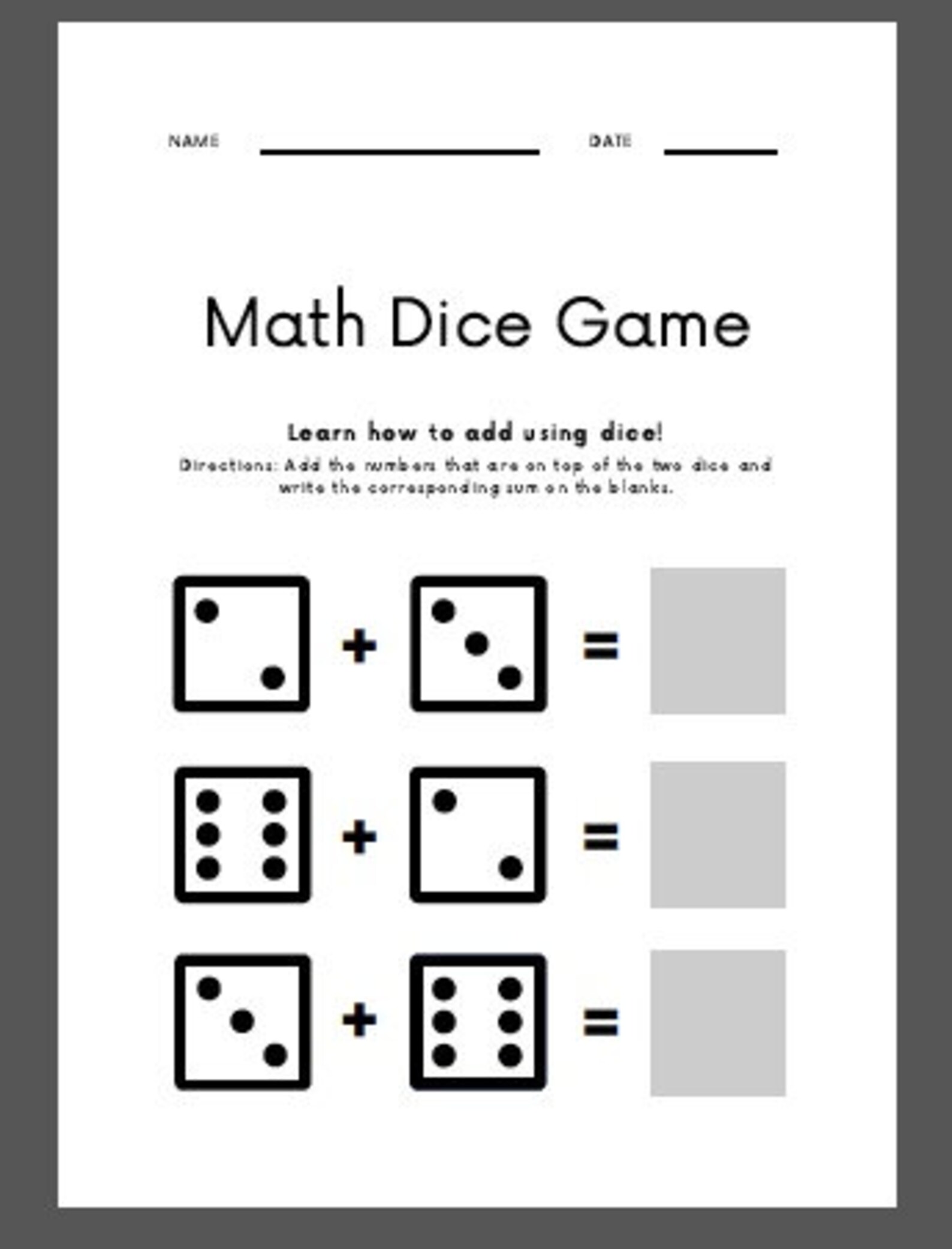 Math Dice Game Printable Activity Etsy