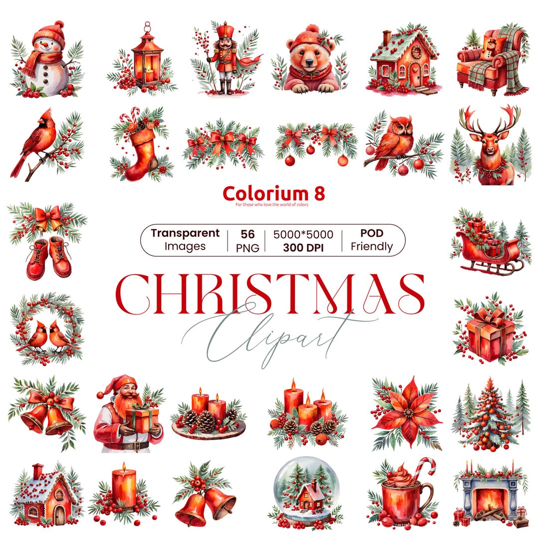 Watercolor Christmas Clipart, Cute Xmas Animals, Santa’s Village PNG ...