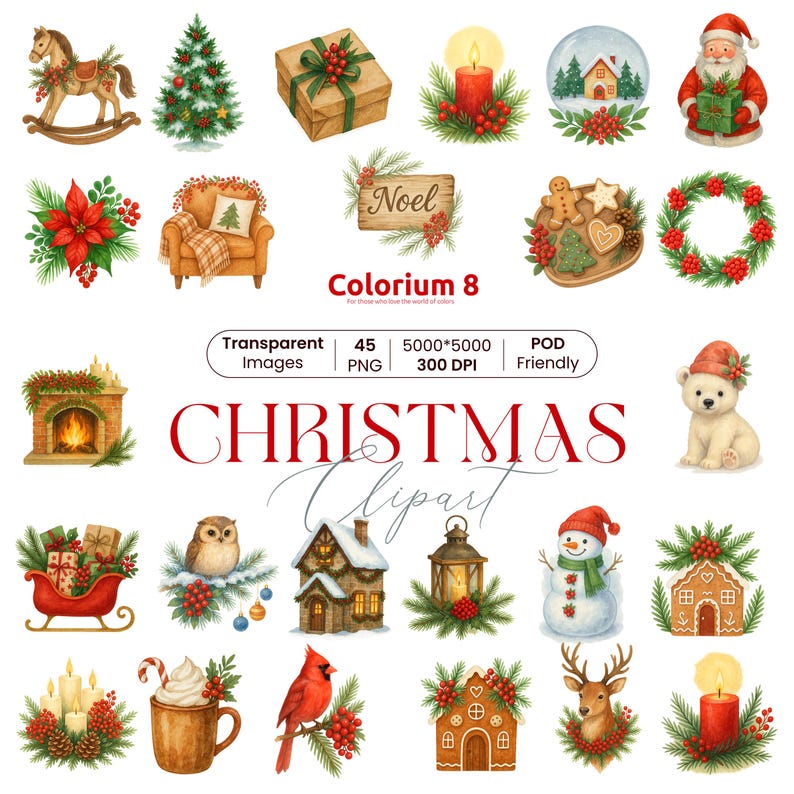 Watercolor Christmas Clipart, Cute Xmas Animals, Santa’s Village PNG ...