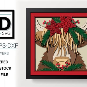 3D CHRISTMAS HIGHLAND COW Svg - Shadow Box Svg - for Cricut - for ...