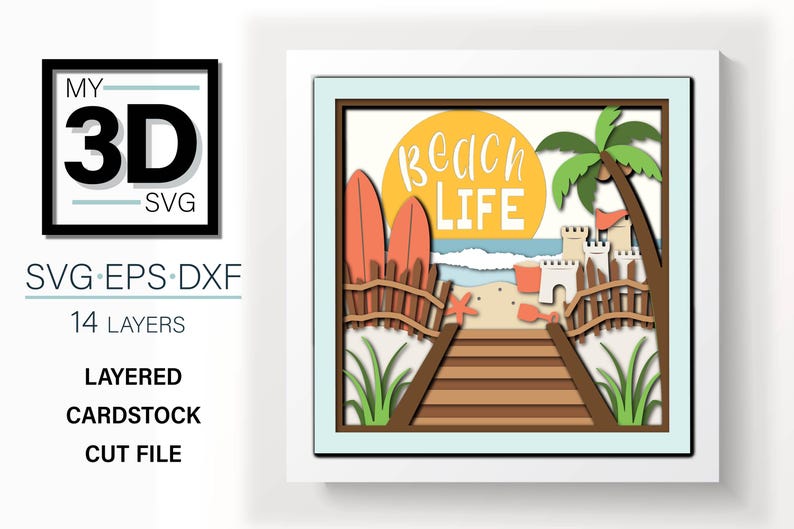 3D BEACH Svg - Shadow Box Svg -layered Cardstock Svg - for Cricut - for ...