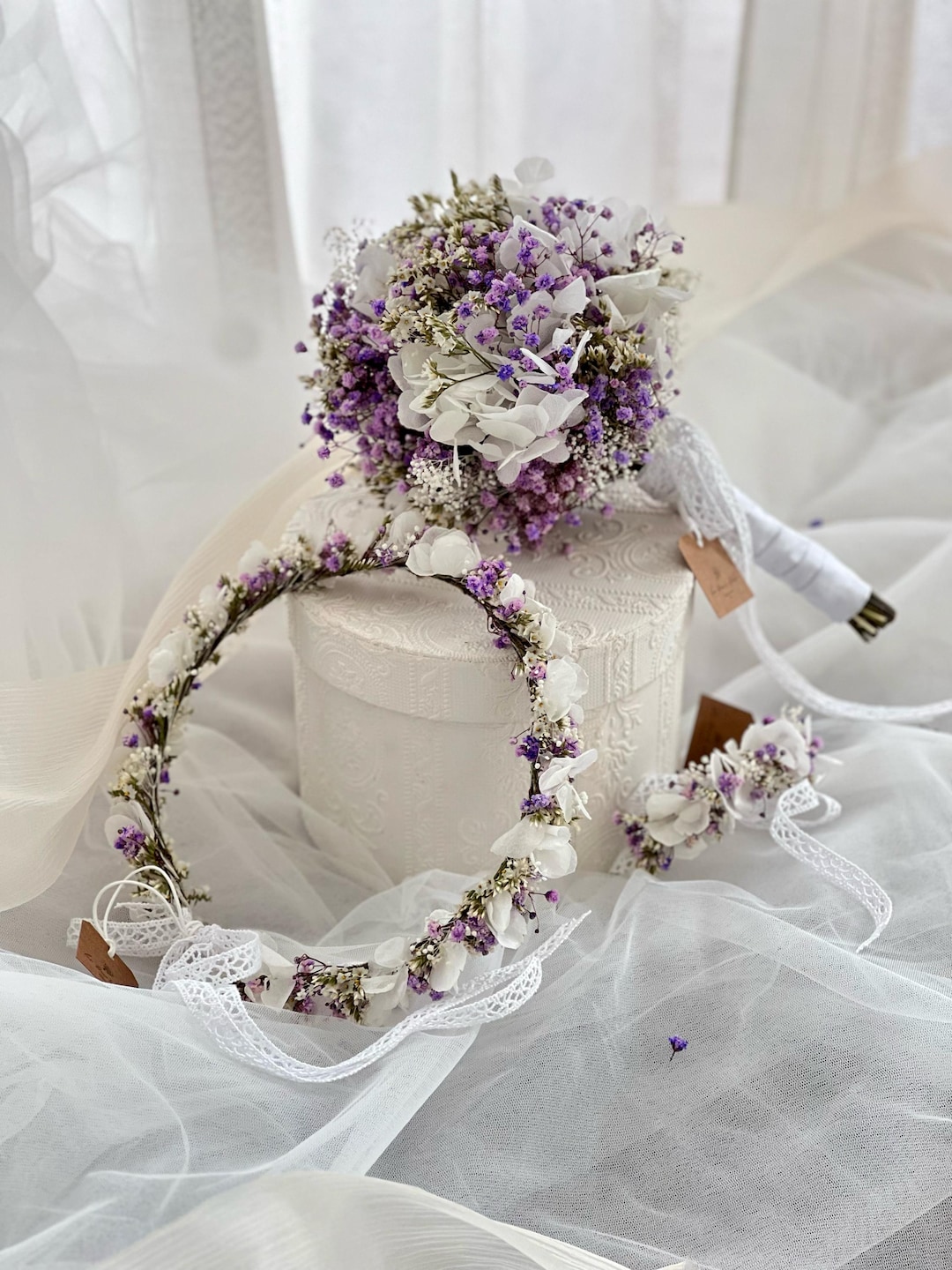 Purple Bridal Crown, Babys Breath and White Hydrangea Crown, Boho Bride ...