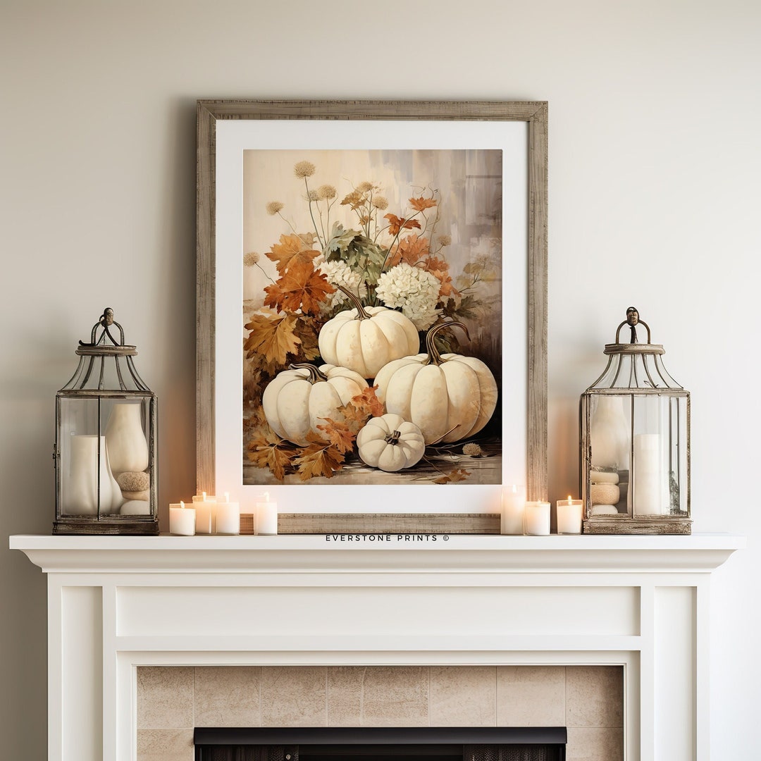White Pumpkin Still Life Painting | Rustic Fall Art, Vintage Autumn Wall Print, Halloween Decor ...