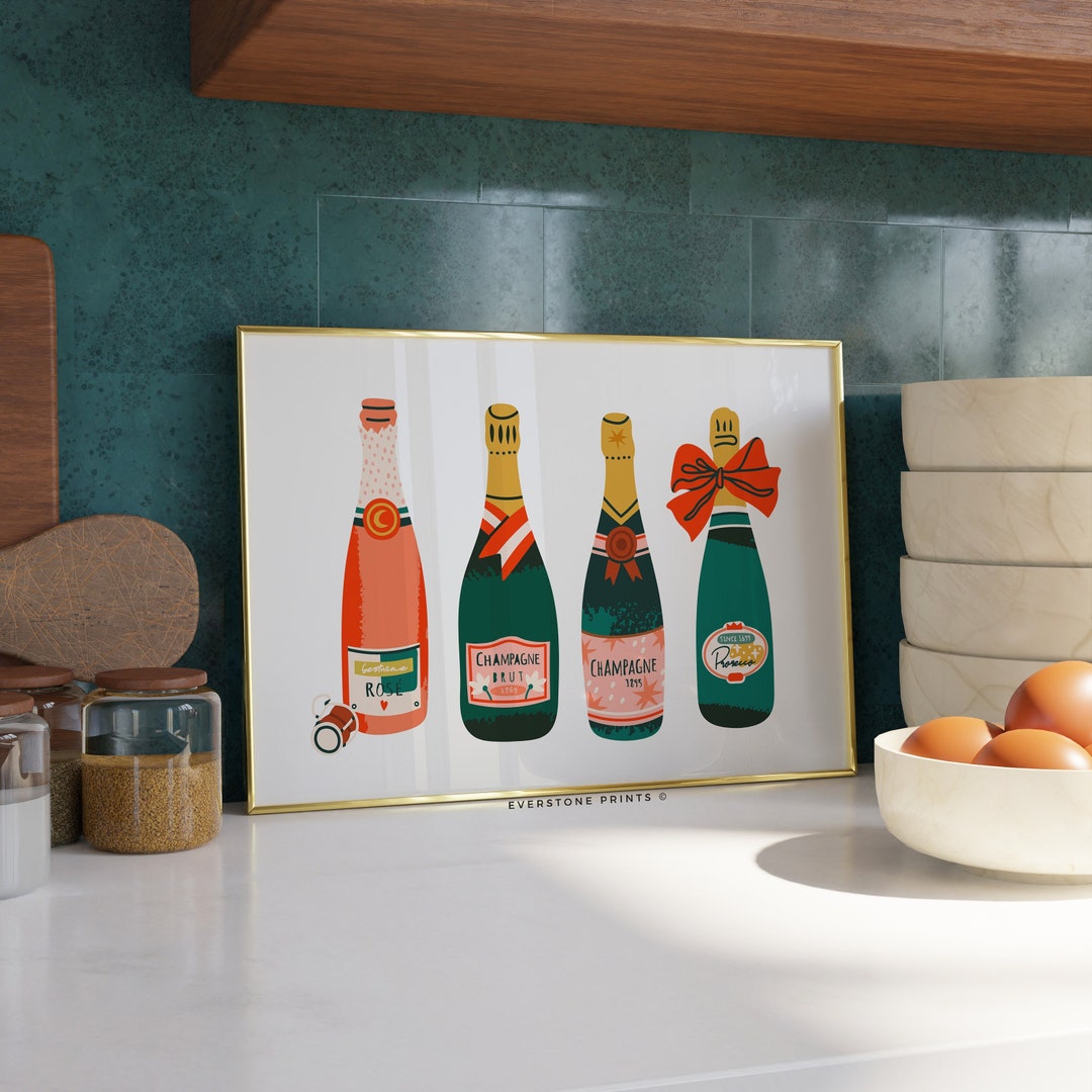 Champagne Bottle Art | Bar Cart Art, Cocktail Print, Bar Wall Art ...