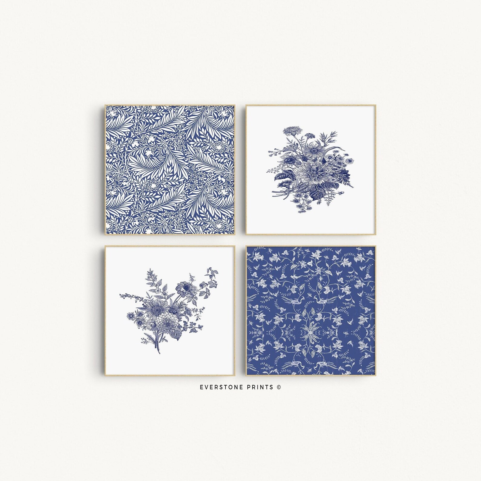 French Floral Set of 4 | Blue Wall Art, Nature Pattern, Vintage ...