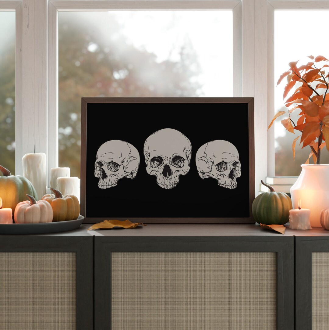 Skeleton Heads Halloween Art | Skeleton Art, Halloween Art Prints ...