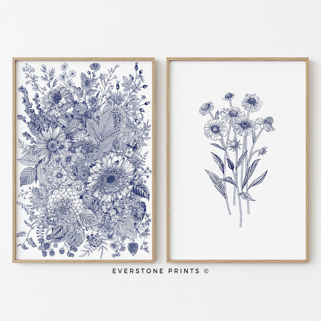 French Botanical Set of 2 | Blue Wall Art, Floral Wall Art, Vintage ...