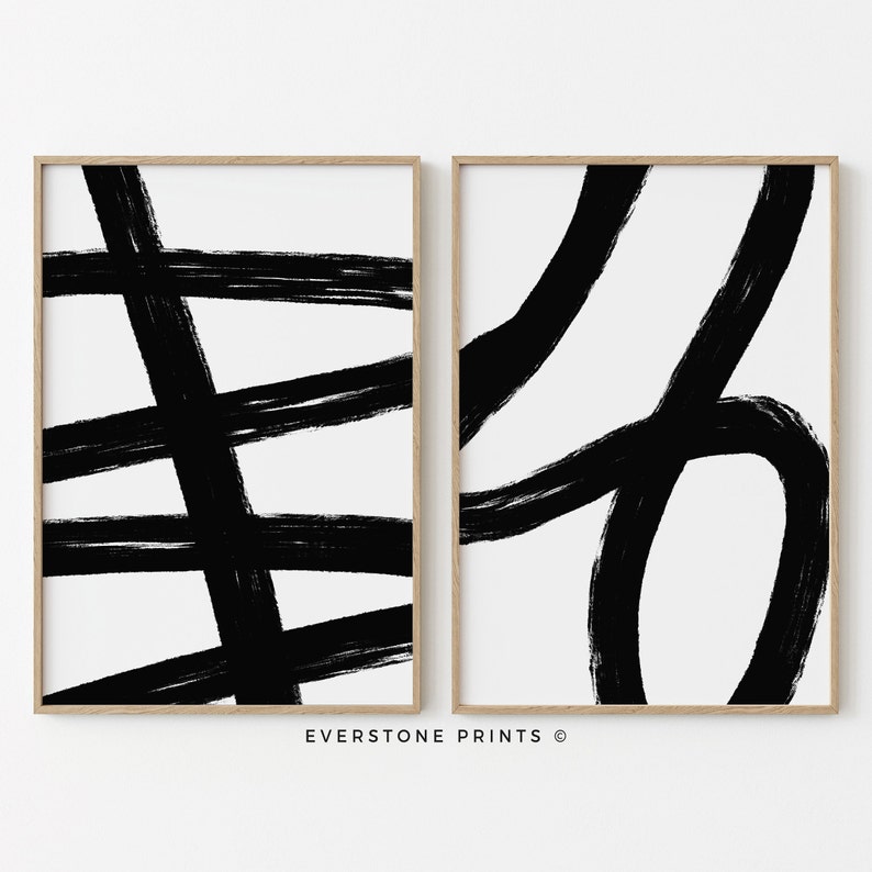Set of 2 Abstract | Black White Abstract Set, Abstract Wall Set, Large ...