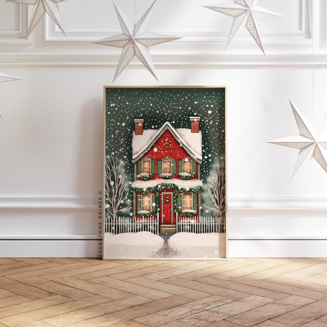Red Christmas House Print | Christmas Art, Holiday Decor, Rustic ...