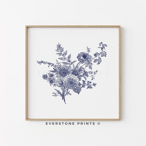 French Floral Set of 4 | Blue Wall Art, Nature Pattern, Vintage ...