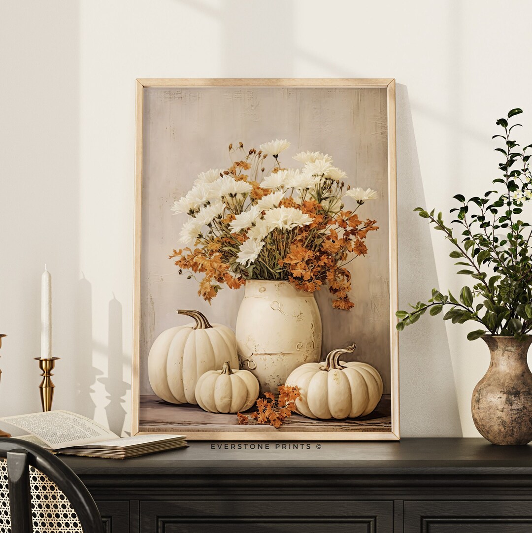 Vase and Pumpkin Still Life | Rustic Fall Art, Vintage Autumn Wall ...