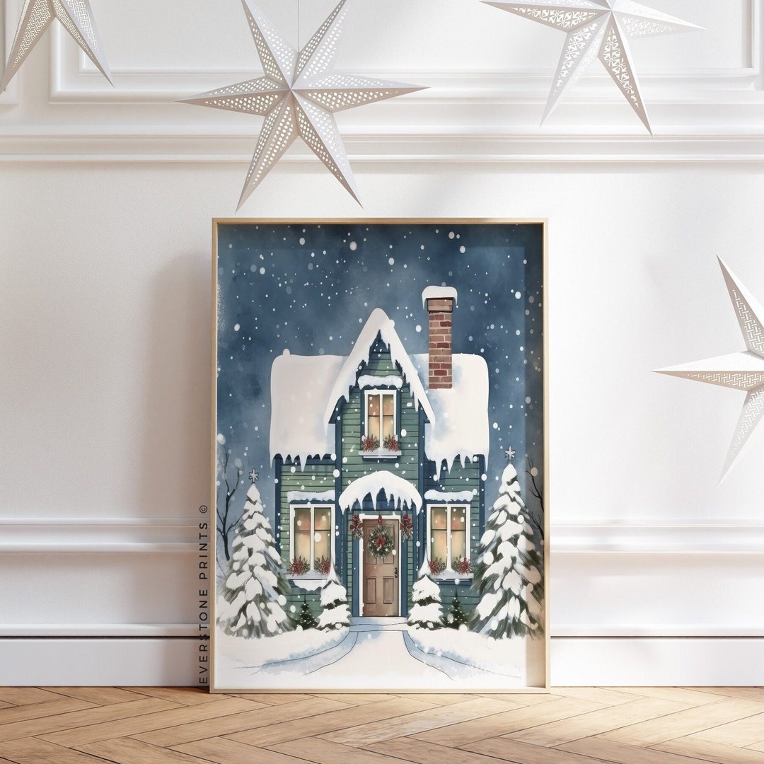 Blue Christmas House Print | Christmas Art, Holiday Decor, Winter ...