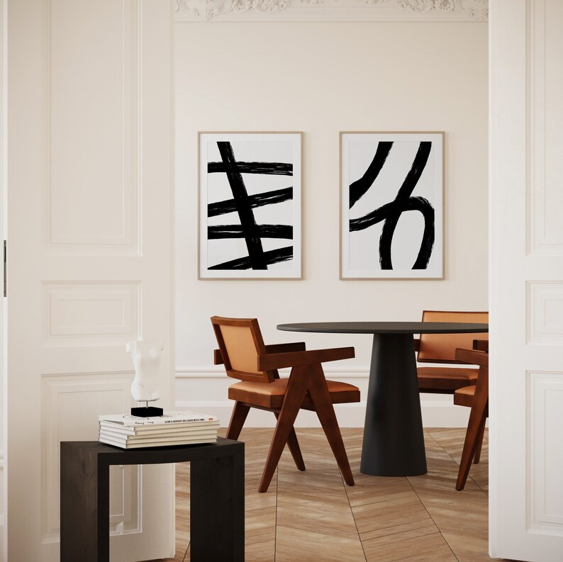 Set of 2 Abstract | Black White Abstract Set, Abstract Wall Set, Large ...