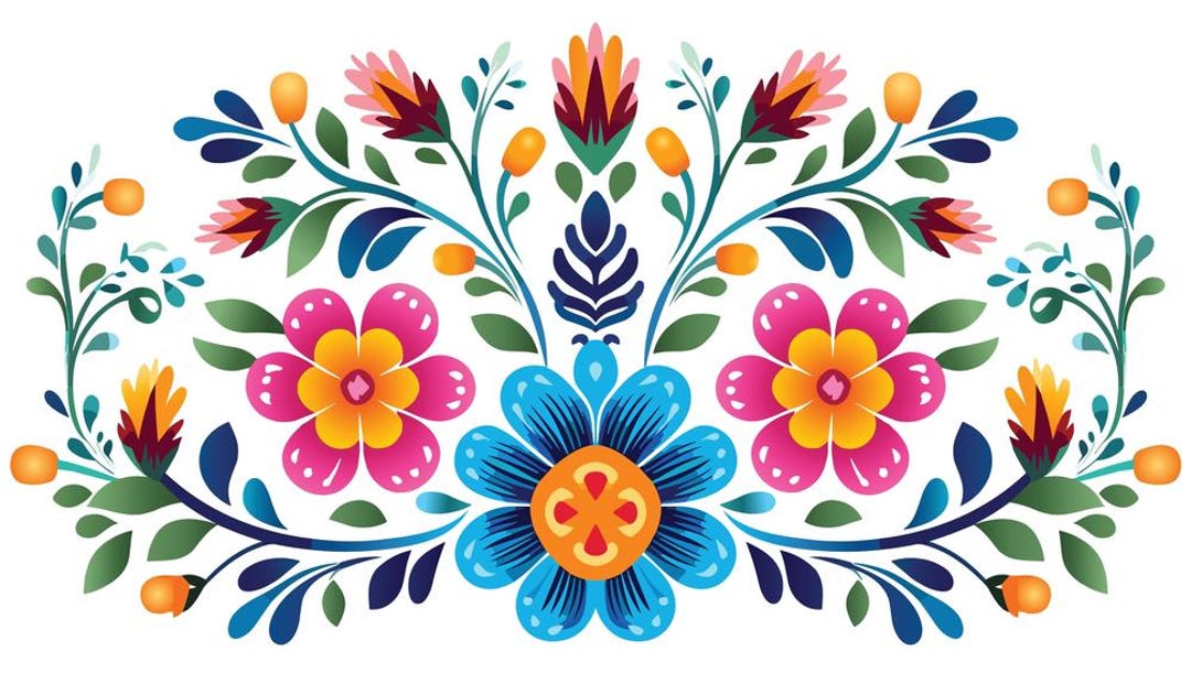 Mexican Folk Art Otomi Spanish Flowers Printed Upholstery Fabric by the ...