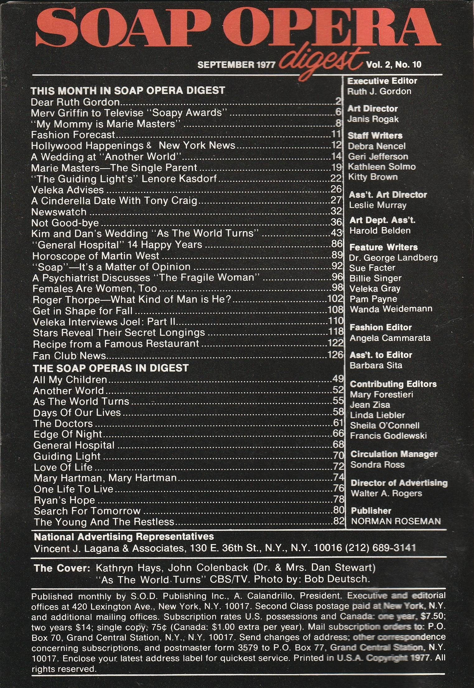 Soap Opera Digest September 1977, Kathryn Hayes, John Colenback, Marie ...