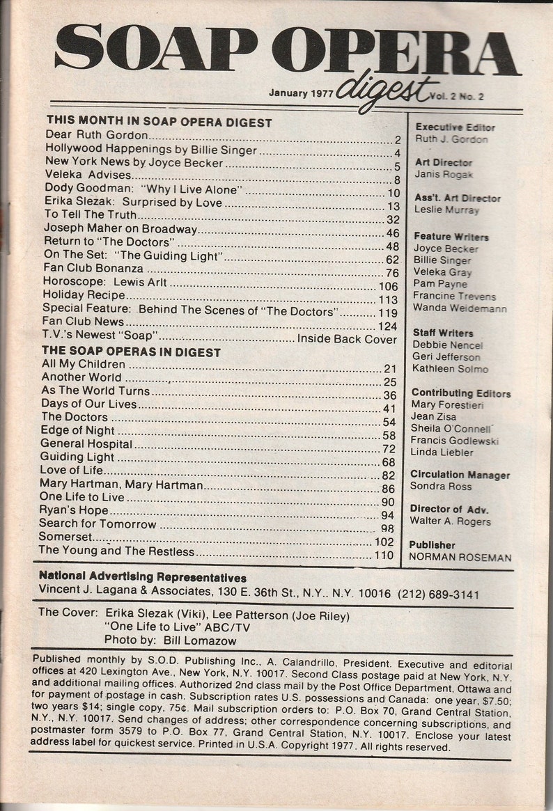 Soap Opera Digest January 1977, Lee Patterson, Erika Slezak, to Tell ...