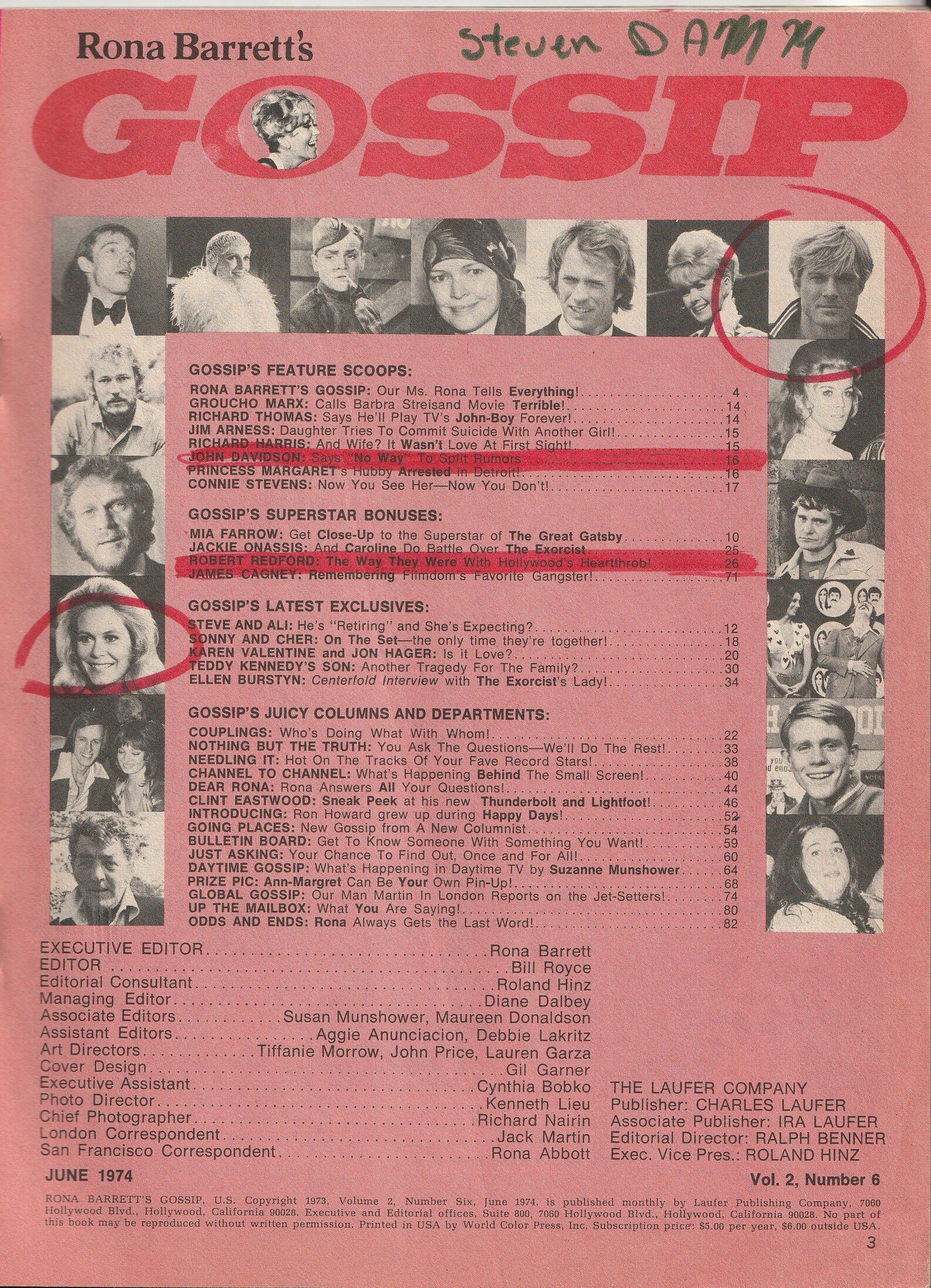 Rona Barrett's GOSSIP June 1974 - Robert Redford, Sonny and Cher, James ...