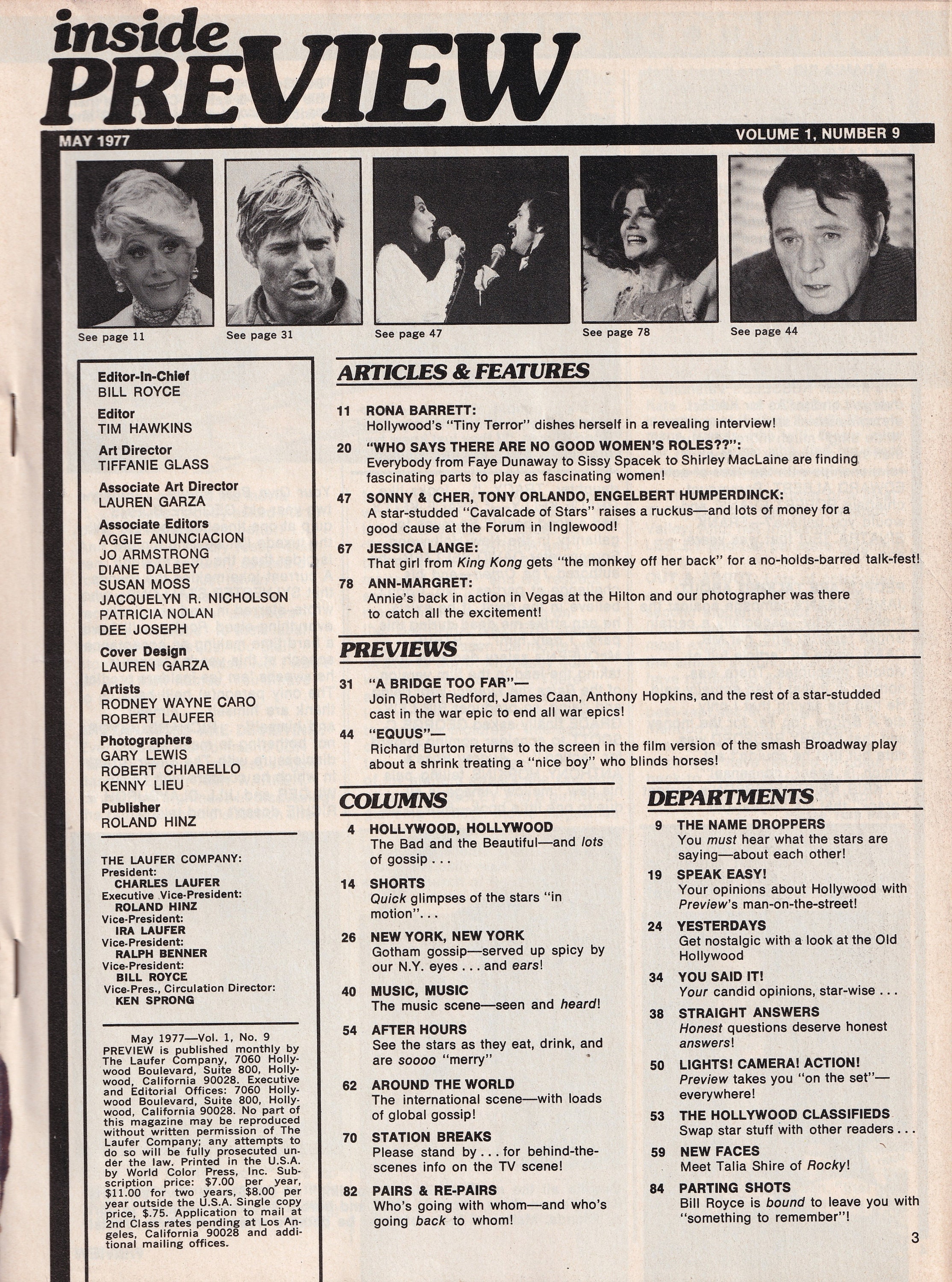 PREVIEW Magazine May 1977 - Rona Barrett, Sonny and Cher, Jessica Lange ...