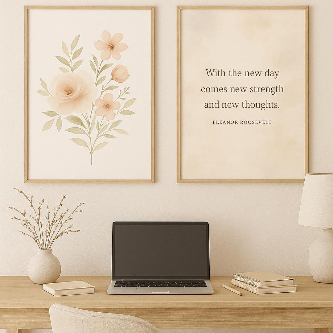 Neutral Watercolor Wall Art Set of 2 | Motivational Quote & Floral ...