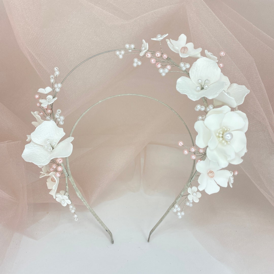 Wedding Flower Halo Crown Faux Pearl Halo Headband Goddes Wedding Crown ...