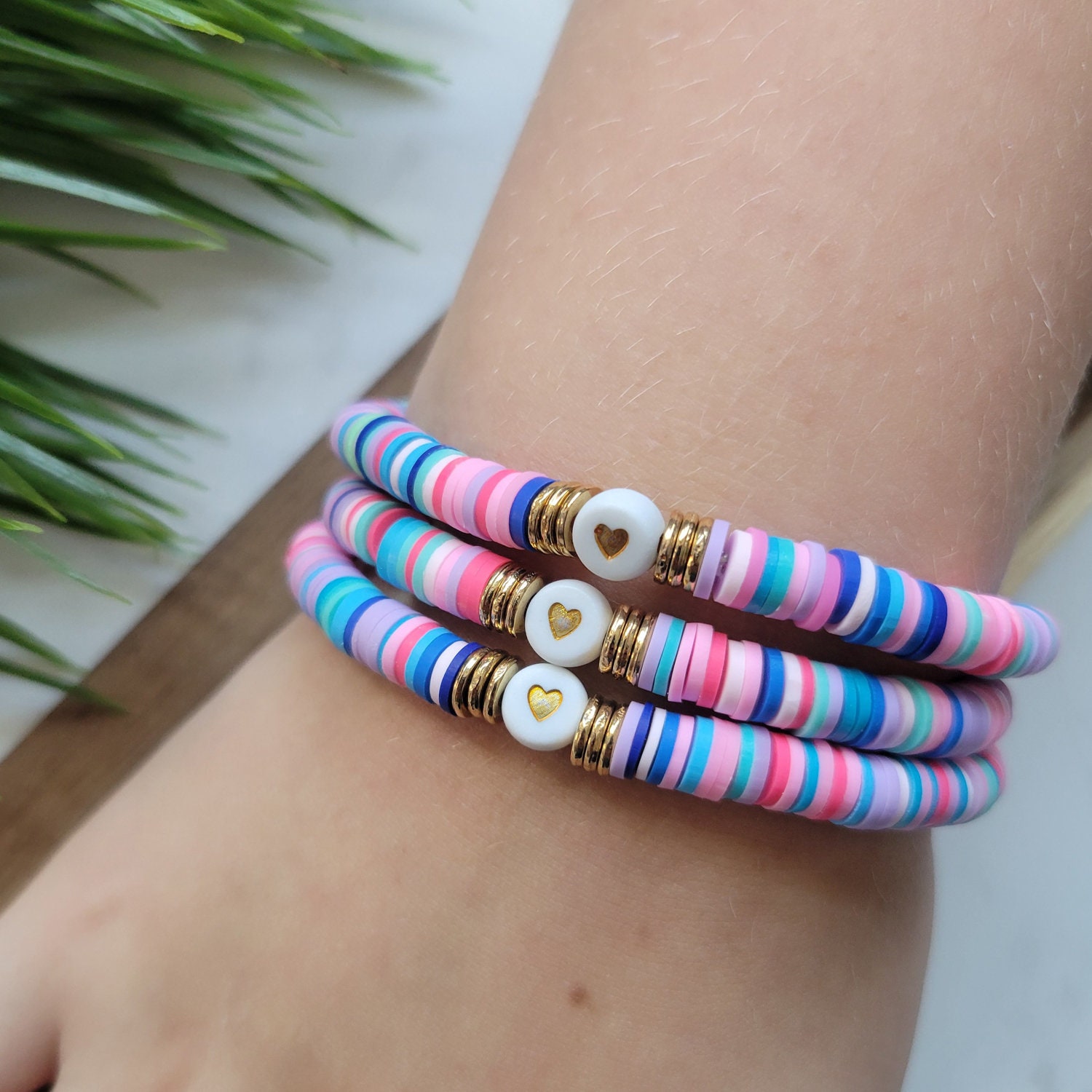 Swoon Heart Bracelet, Heishi Clay Beaded Bracelet, Kids Elastic Jewelry ...