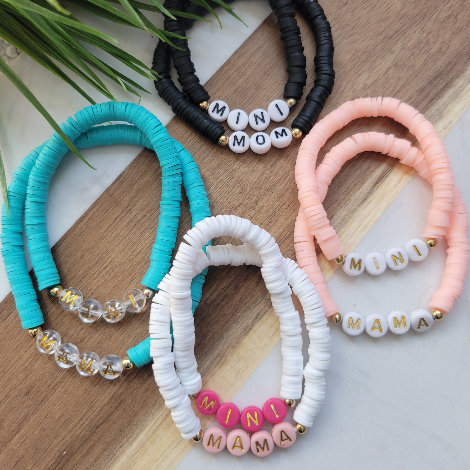 Mama Mini Bracelet Set, Heishi Clay Beaded Bracelet, Personalized Word Jewelry, Custom Name ...