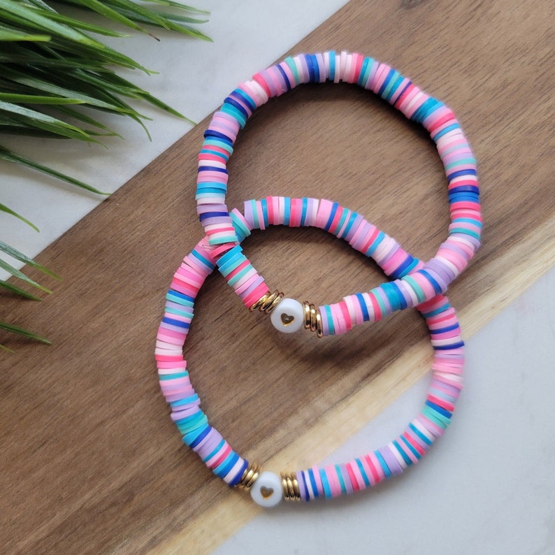 Swoon Heart Bracelet, Heishi Clay Beaded Bracelet, Kids Elastic Jewelry ...