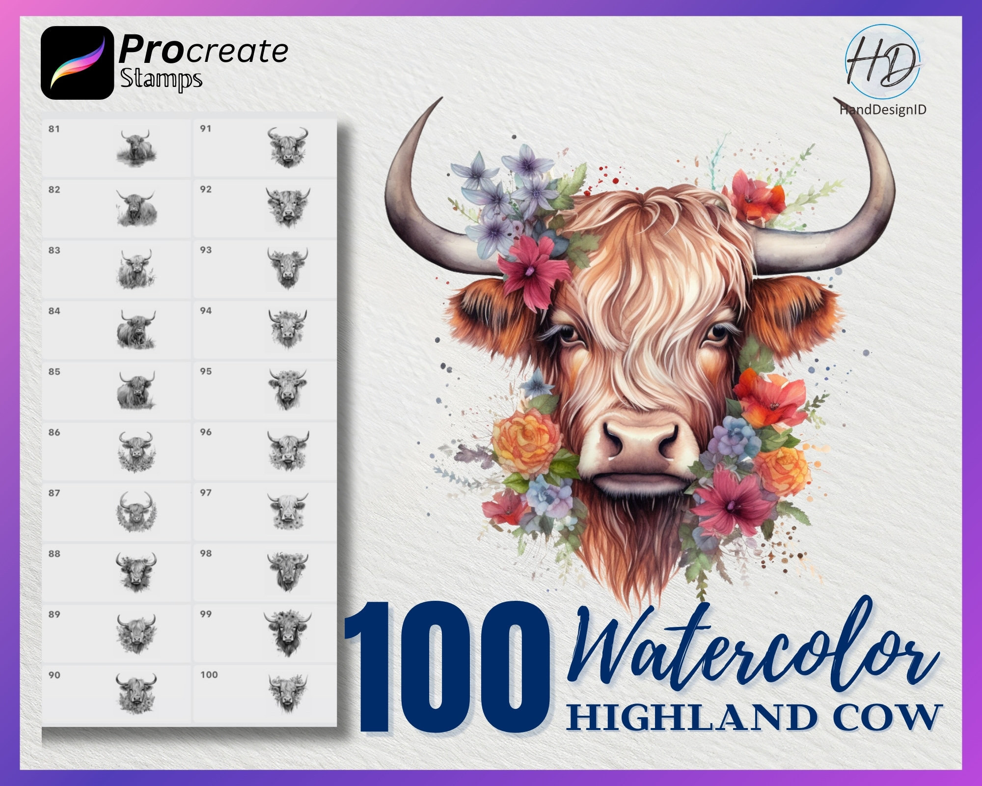 100 Procreate Watercolor Highland Cow Stamps, Highland Cow Stamps for ...