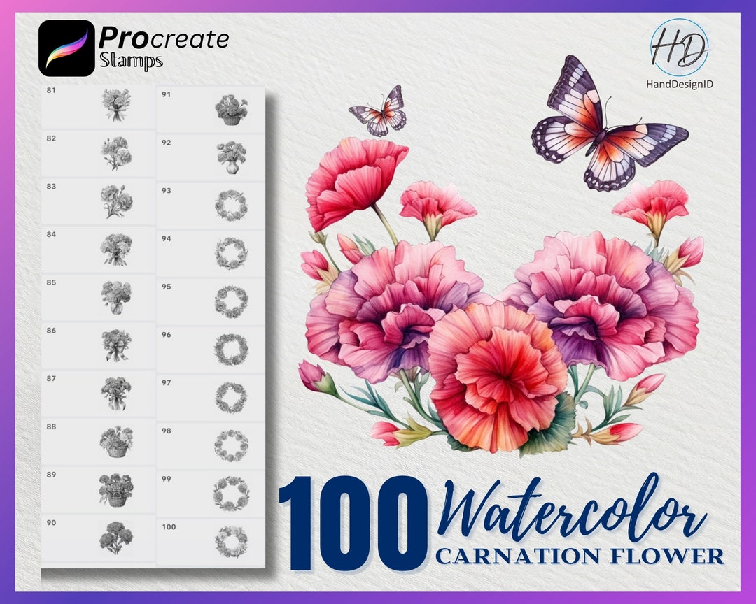 100 Watercolor Carnation Flower Procreate Stamps (digital Download) - Etsy