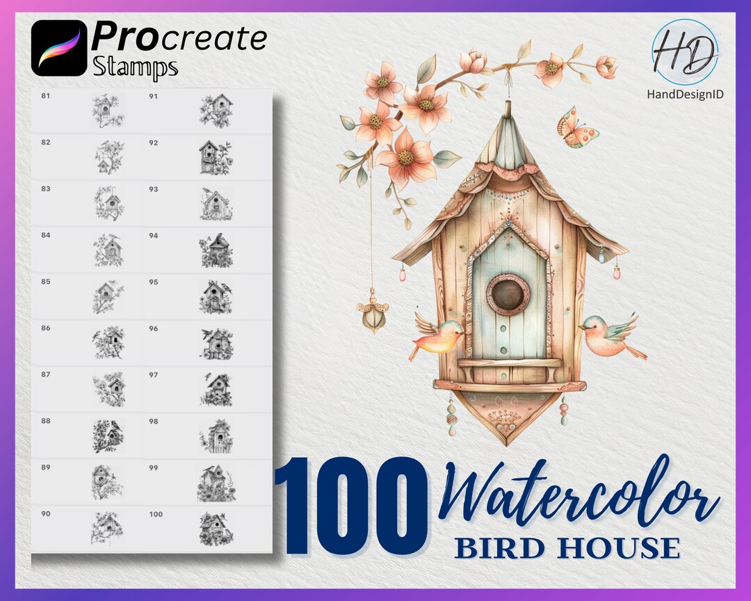 100 Procreate Watercolor Bird House Stamps, Bird House Stamps for ...