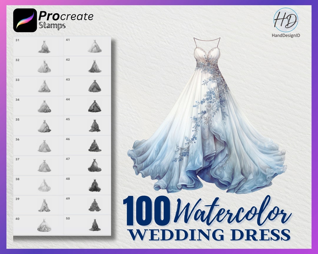 100 Watercolor Wedding Dress Procreate Stamps (digital Download) - Etsy