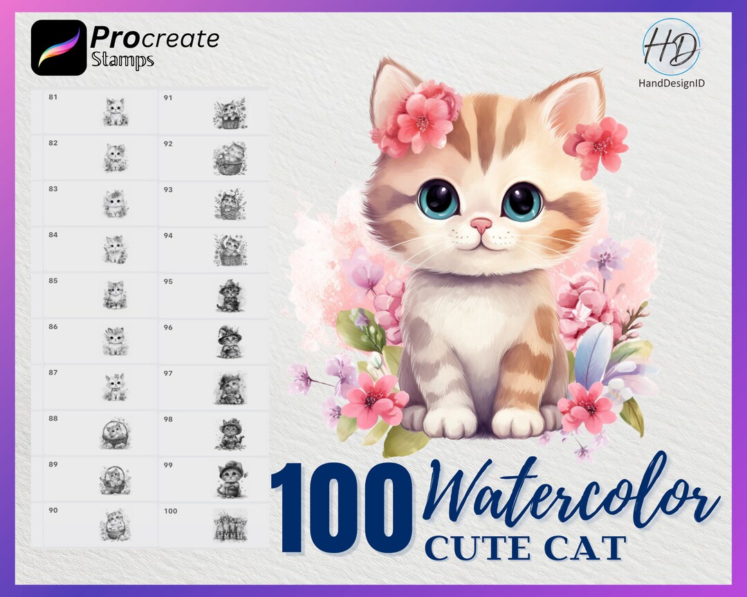 100 Procreate Watercolor Cute Cat Stamps, Cute Cat Stamps for Procreate ...